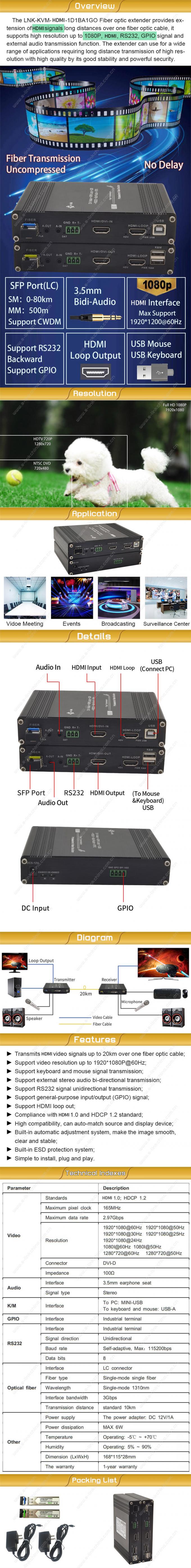 Bidi Stereo Audio 1Ch GPIO Over Fiber Extender USB KVM RS232