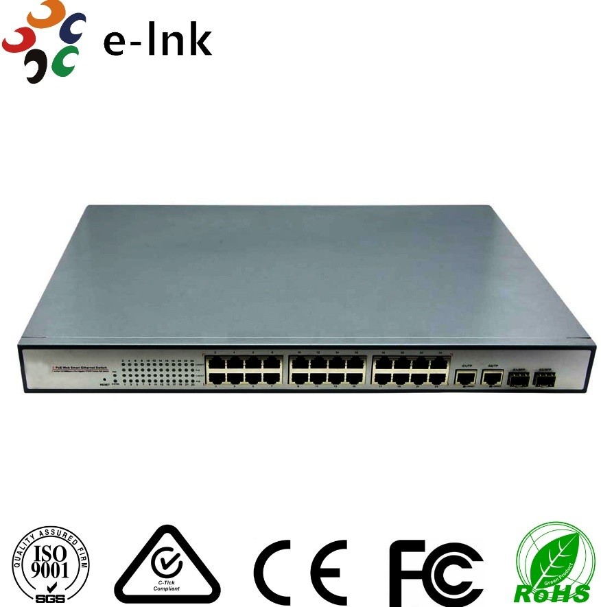 2 SFP + 24 PoE 10 / 100 /1000M PoE-PSE Fiber to Copper Ethernet PoE Switch